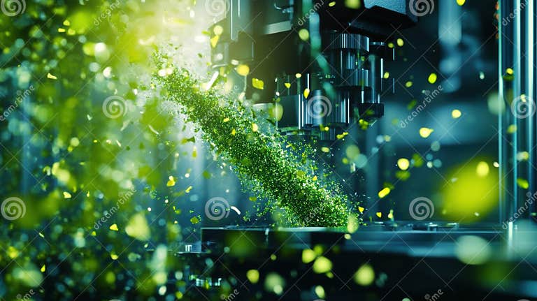 Industrial Machine Processing Green Material with Flying Particles Stock Photo - Image of ...