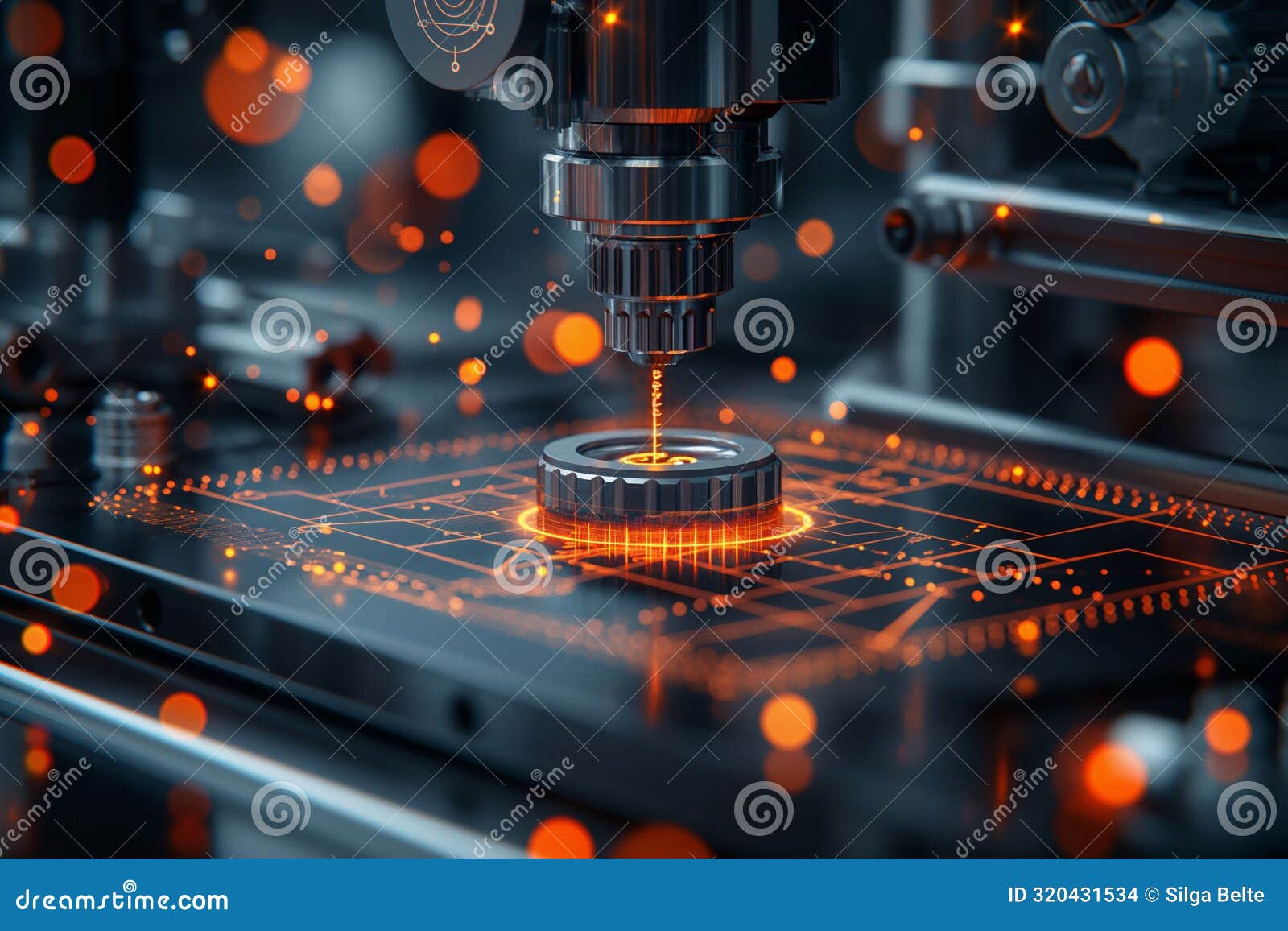 An Industrial Machine Tool Etches Intricate Circuits on a Glowing ...