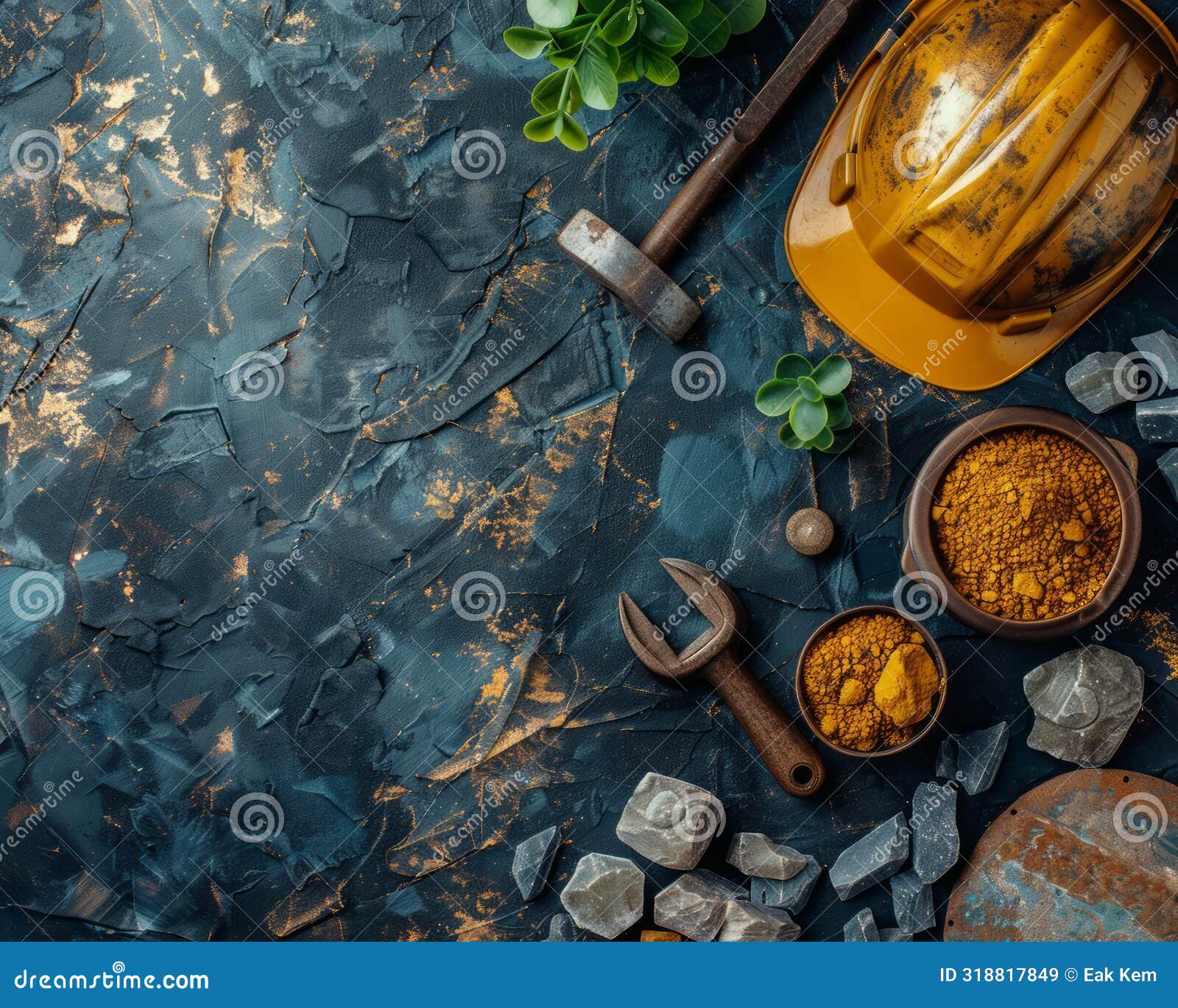 Industrial Mining Equipment with Safety Helmet, Tools, and Minerals on ...