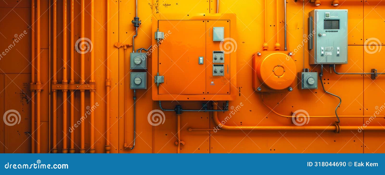 Industrial Orange Electrical Control Panel with Pipes and Meters on ...