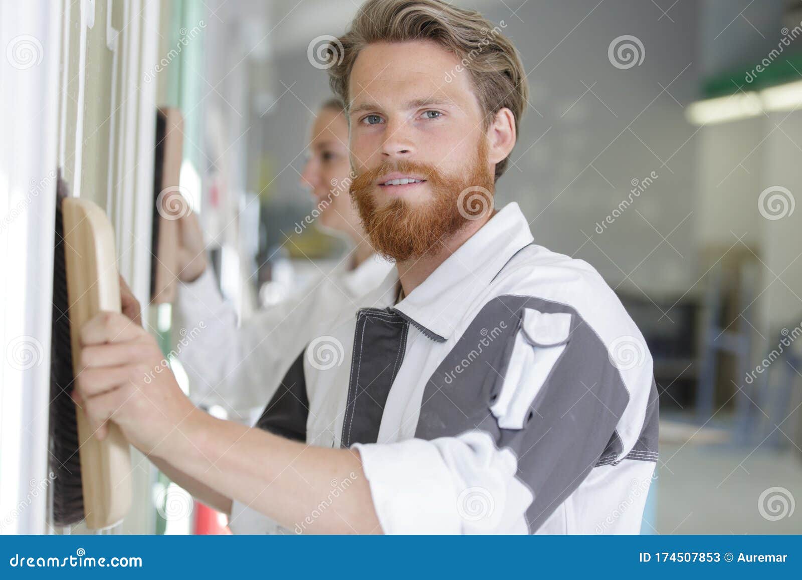 Industrial Painting Apprentice Painting Wall White Stock Image - Image ...