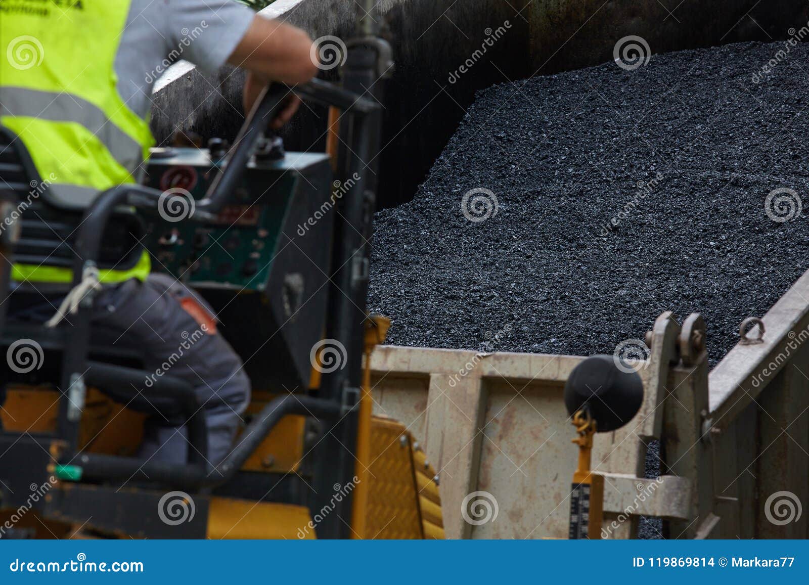 Pavement Machine Laying Fresh Asphalt Or Bitumen On Top Of The Gravel ...