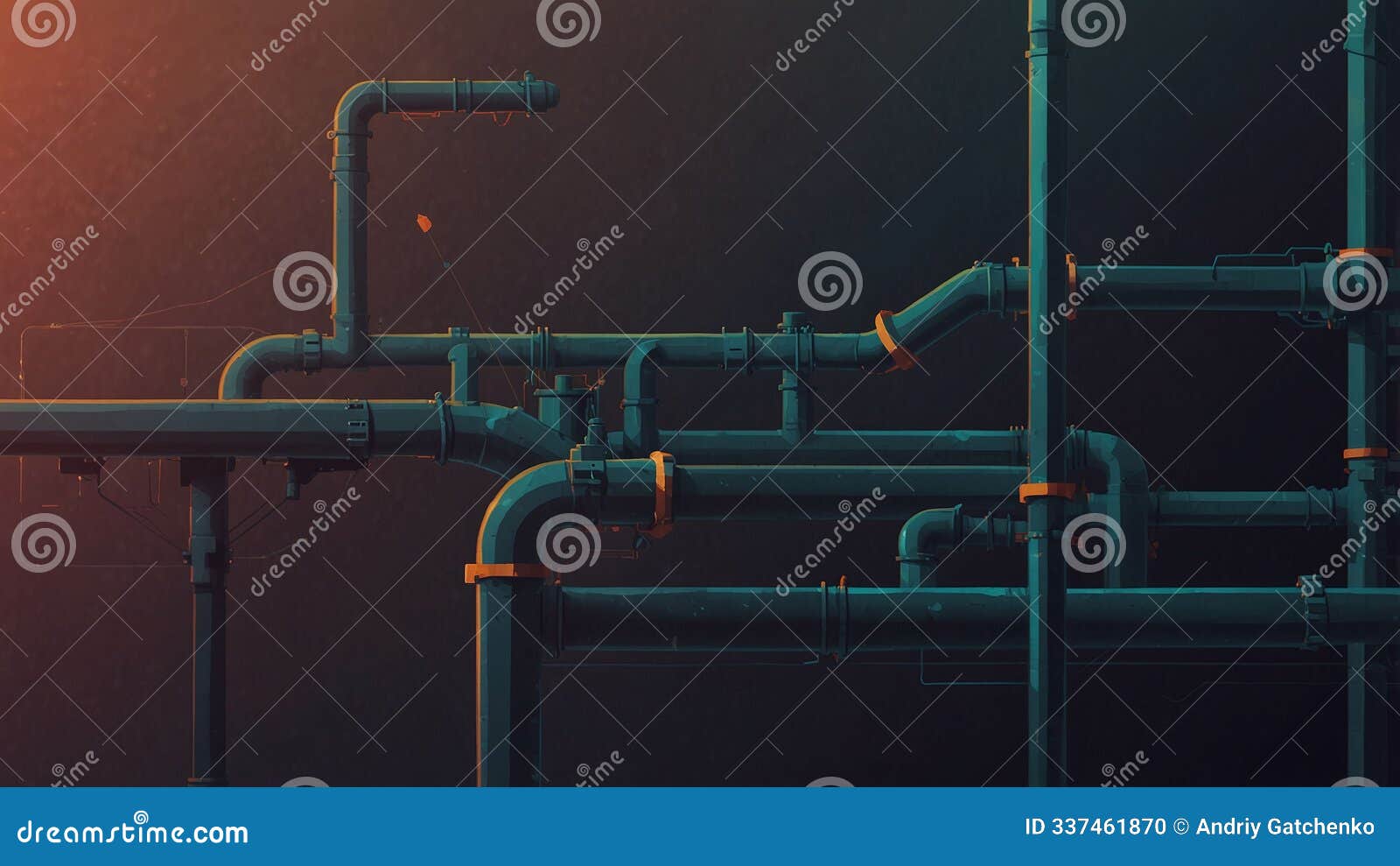 Industrial Pipe System with Complex Network of Tubes and Valves in Dim ...