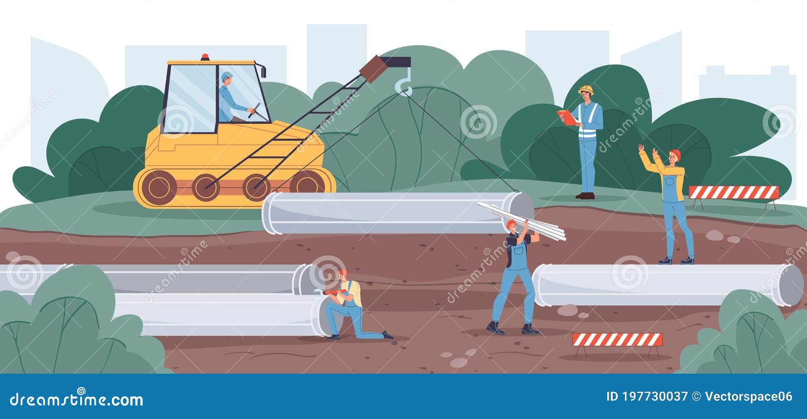 Industrial Pipeline Laying Construction Process Stock Vector ...