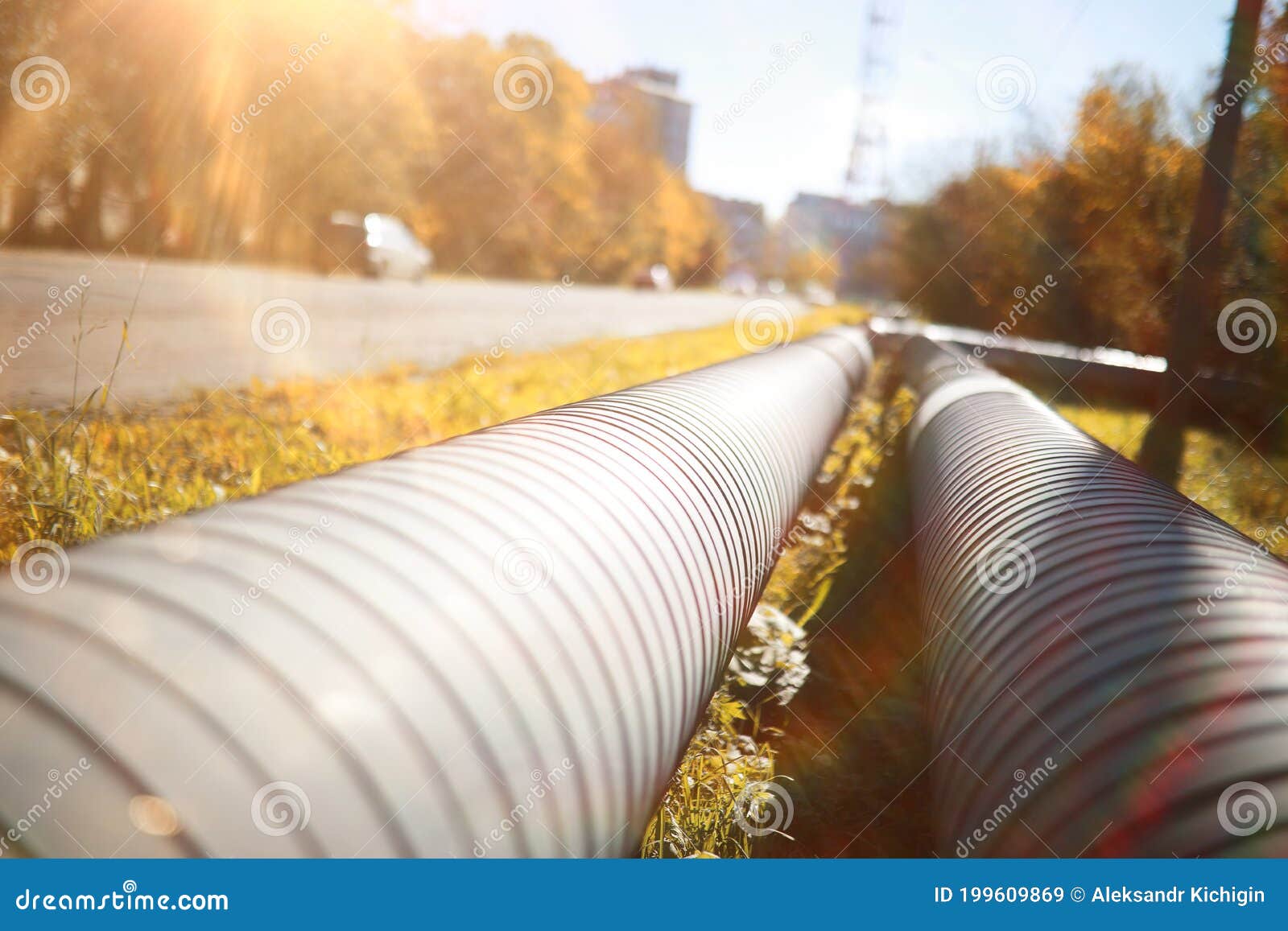 Industrial Pipes on Street Construction Stock Image - Image of grass ...