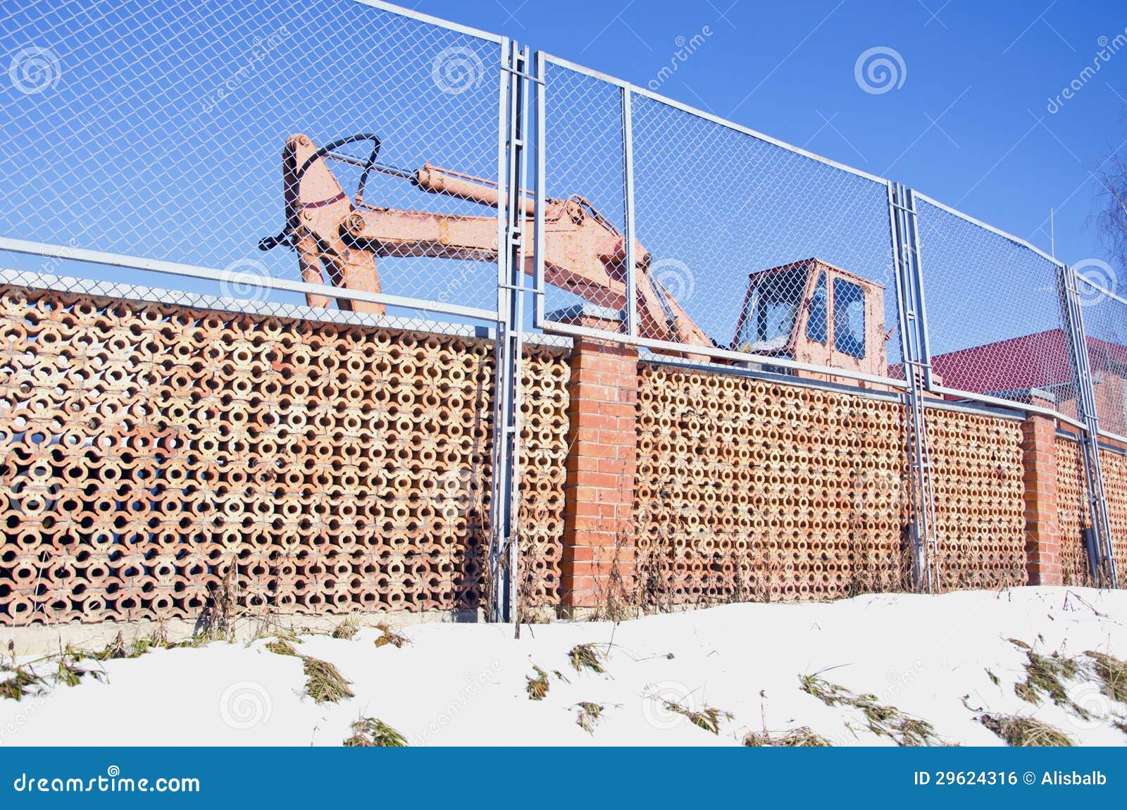 Industrial Place Fence and Old Excavator Machine Stock Photo - Image of ...