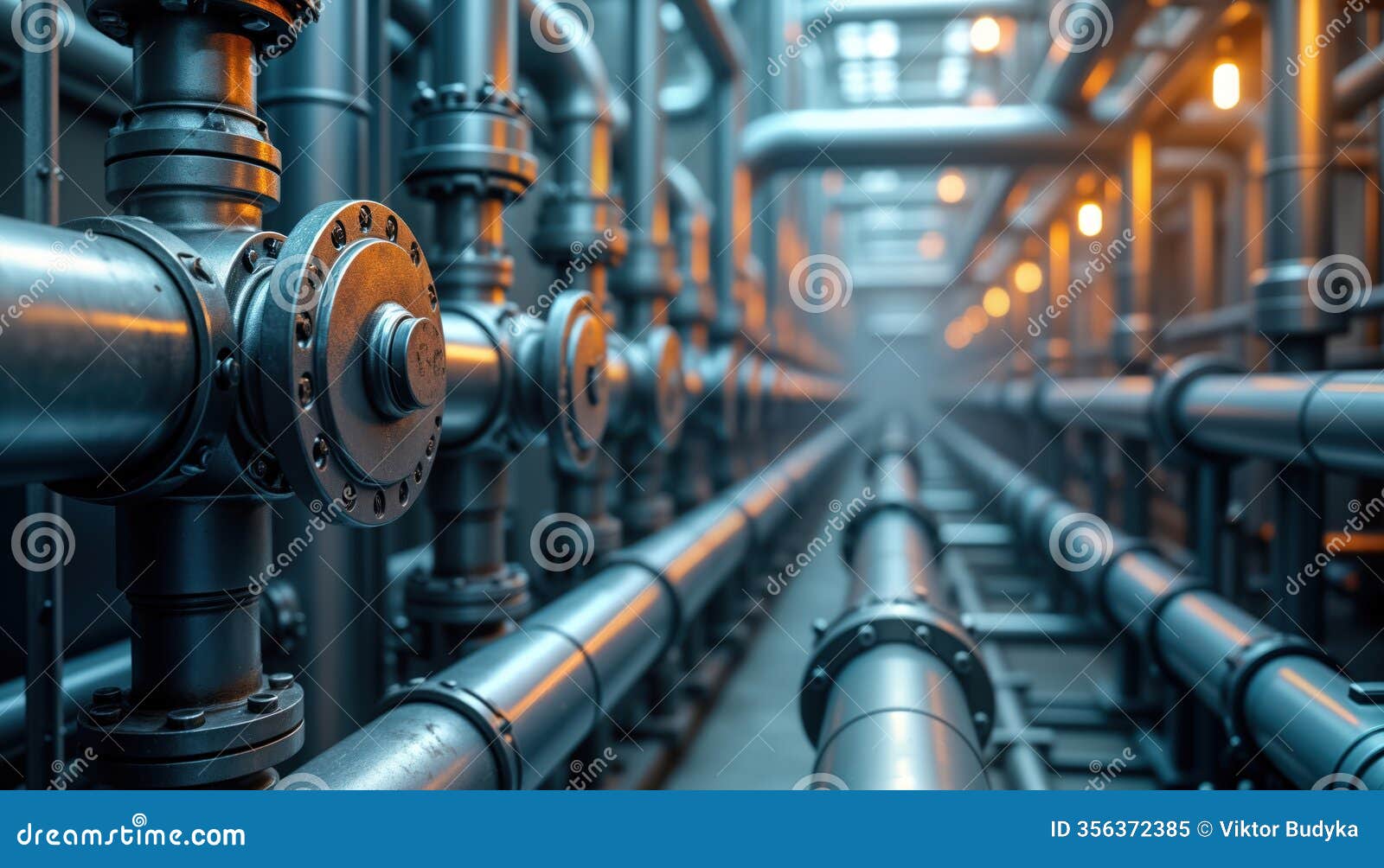Industrial Plant Features Intricate Piping Systems. Steel Pipes, Valves ...