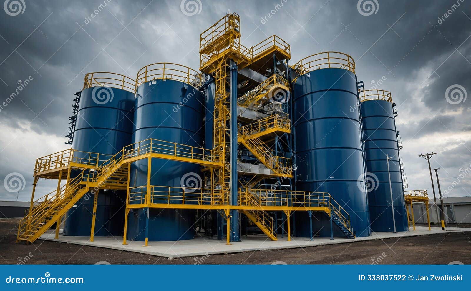 Industrial Plant Featuring Large Blue Tanks and Yellow Structures Under ...