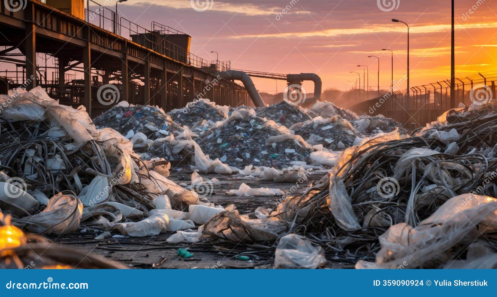 Industrial Plastic Waste Piles in a Recycling Facility during Sunset ...