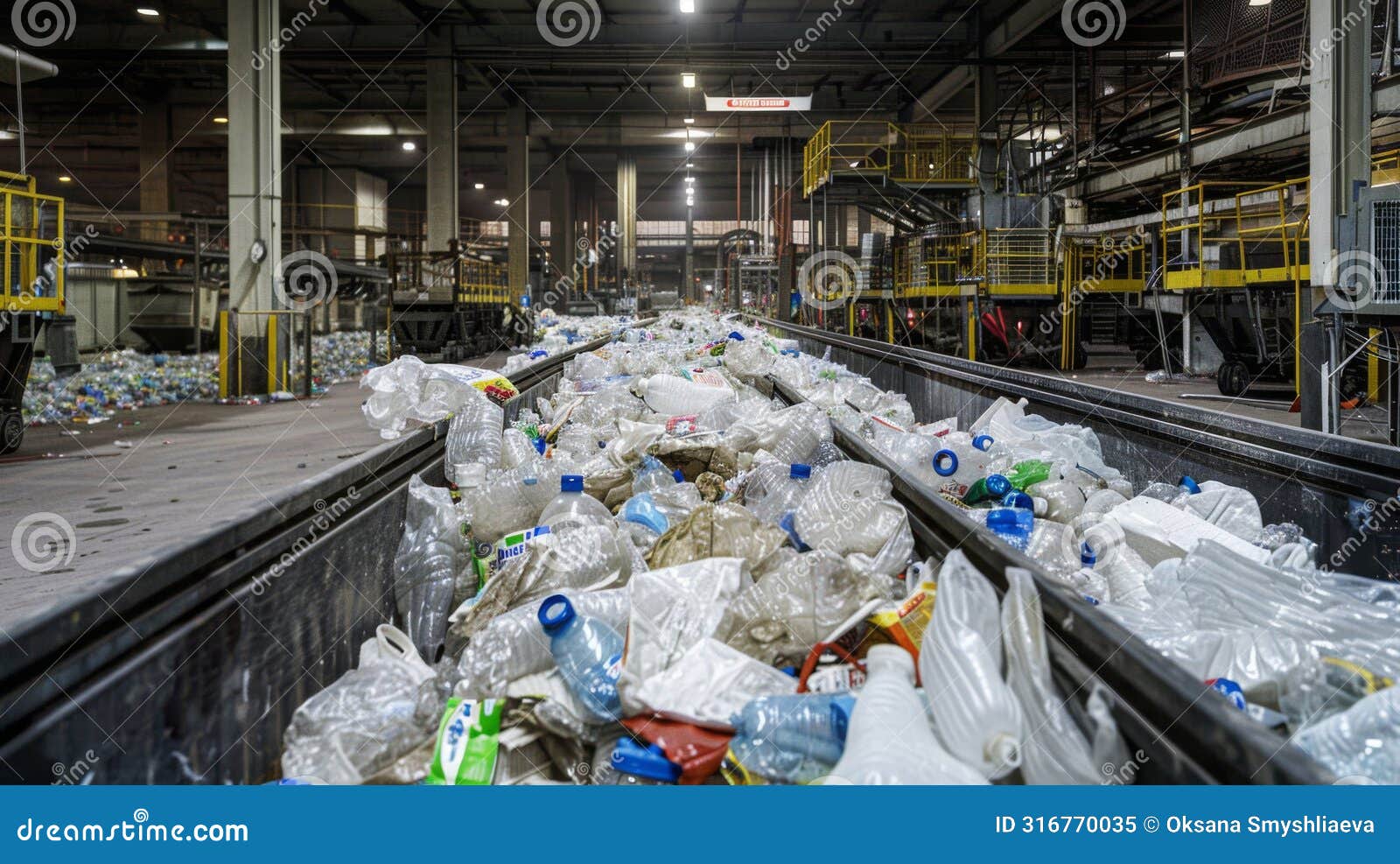 Industrial Plastic Waste Sorting Conveyor at Recycling Facility Stock ...