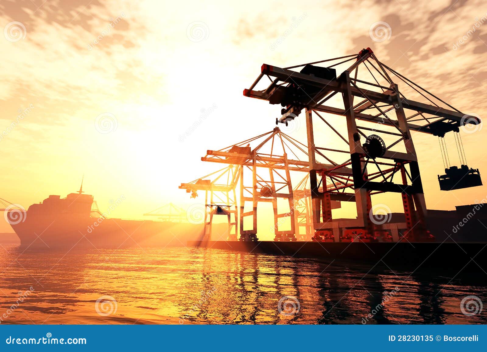 Industrial Port Sunset Sunrise 3D Render 2 Stock Illustration ...