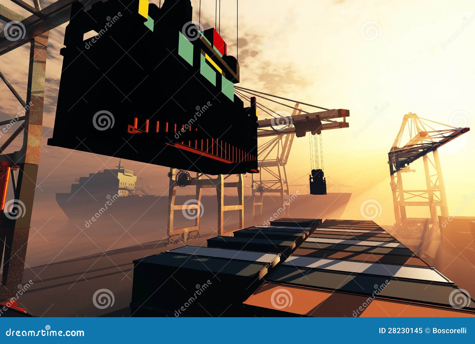 Industrial Sea Port Cargo Freight Ship Crane Water Delivery ...