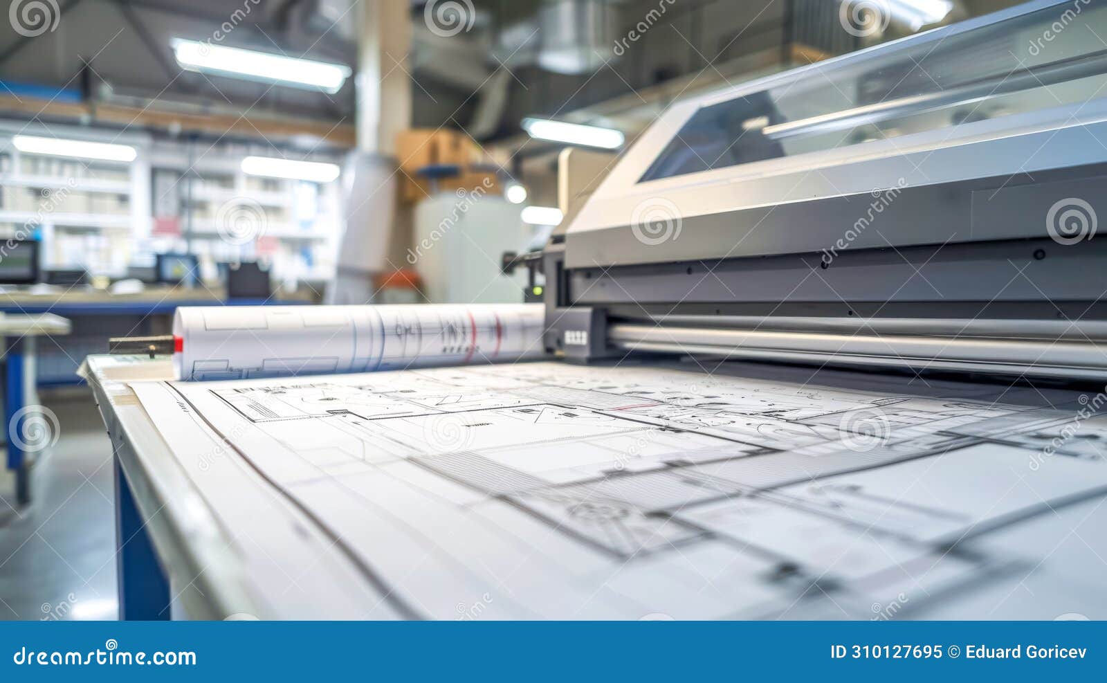Industrial Printer with Architectural Plans in Workspace Stock Image ...