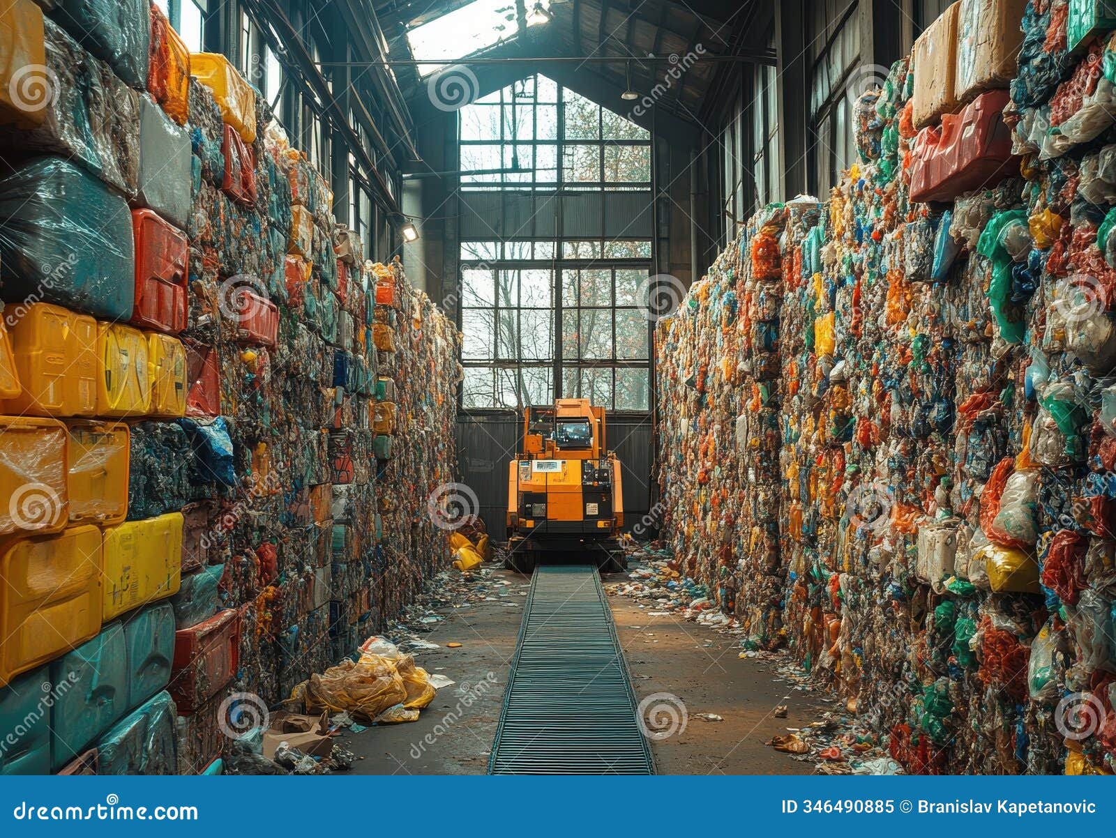 Industrial Recycling Machine Surrounded by Compressed Waste Materials ...
