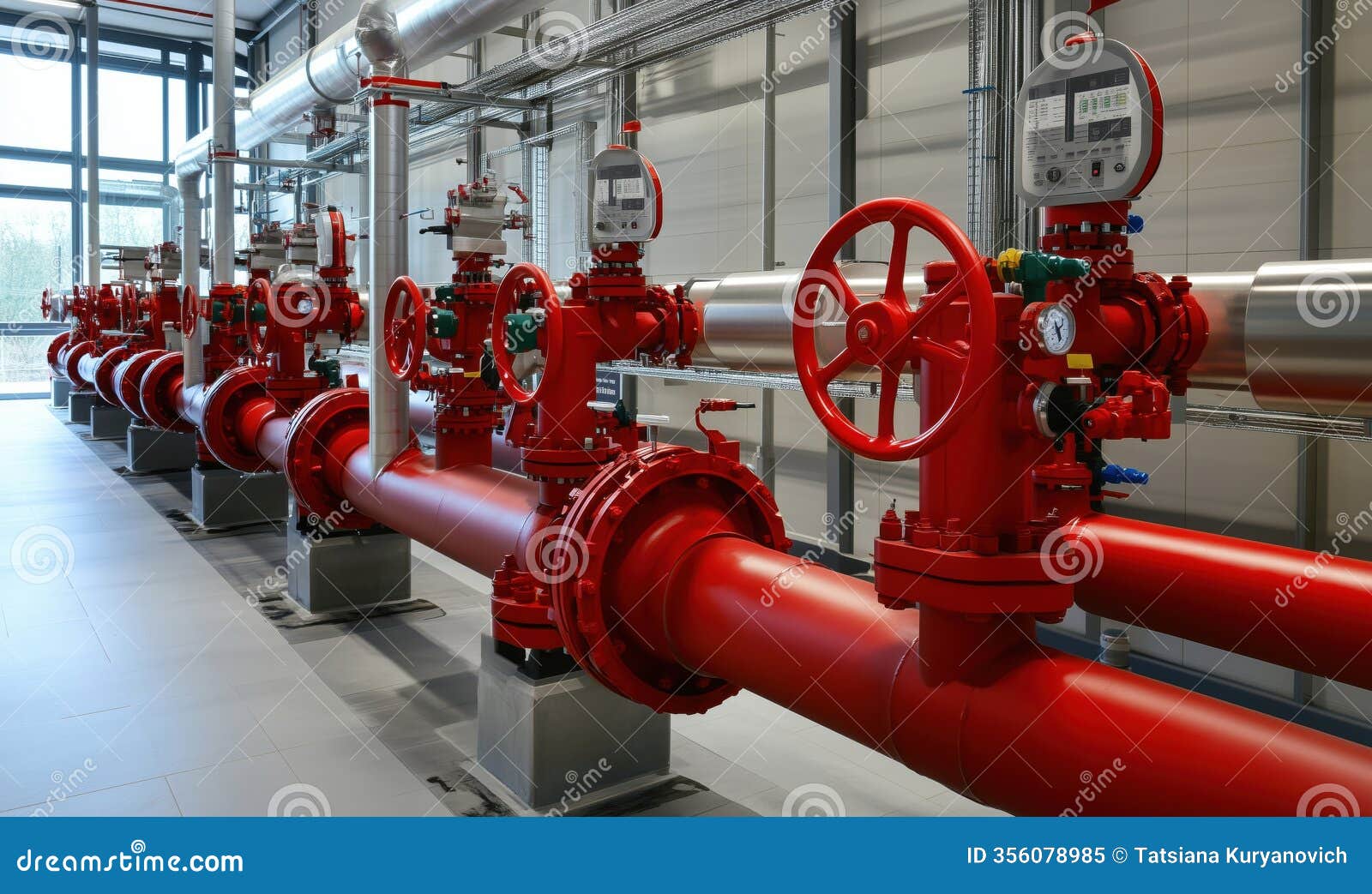 Industrial Red Piping System with Valves and Gauges, Showcasing Modern Engineering and ...