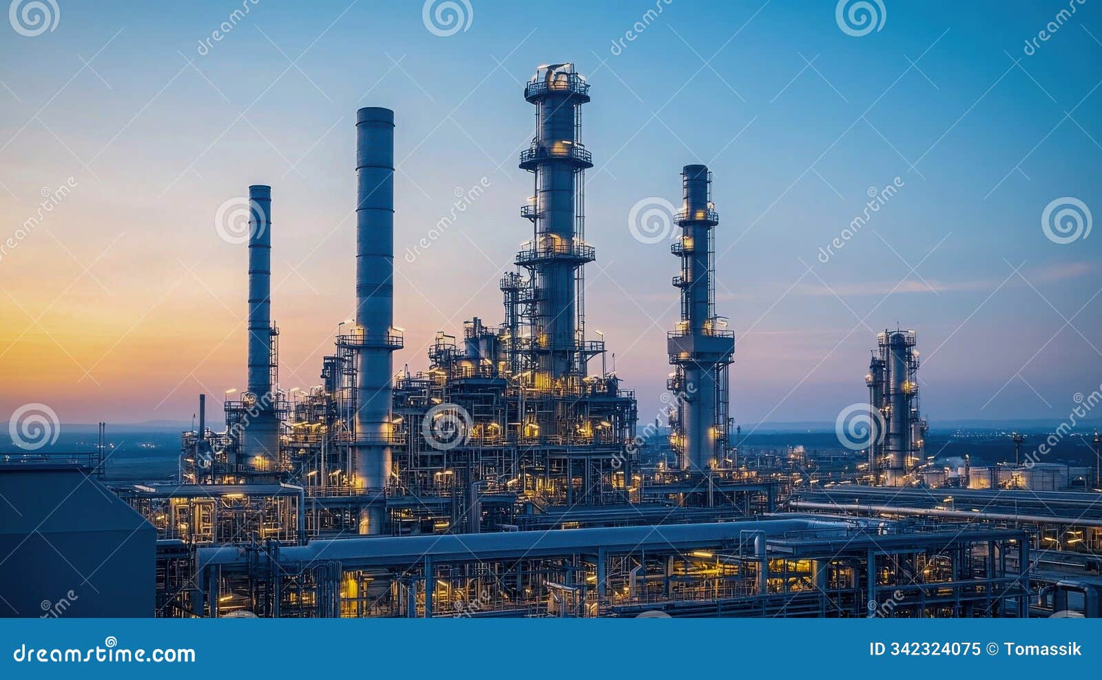 Industrial Refinery Complex with Tall Structures at Dusk, Showcasing ...