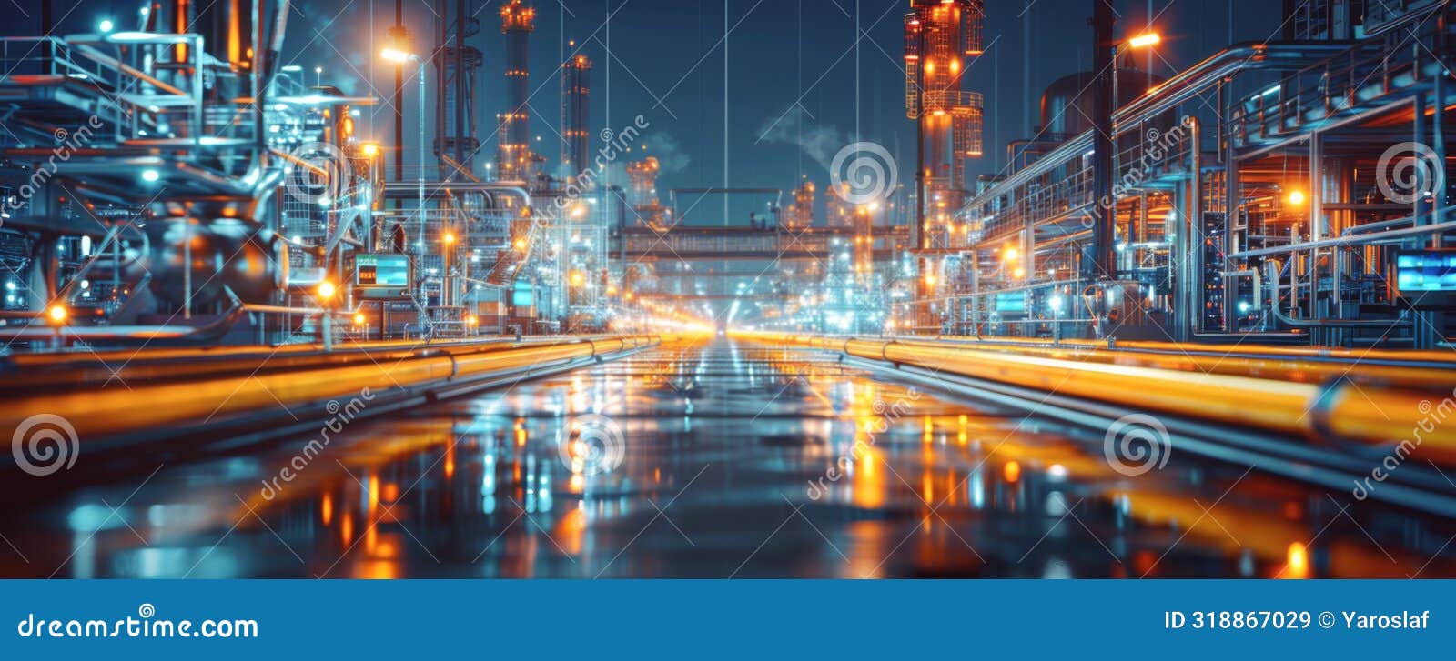 Industrial Refinery at Night with Illuminated Pipelines and Structures ...