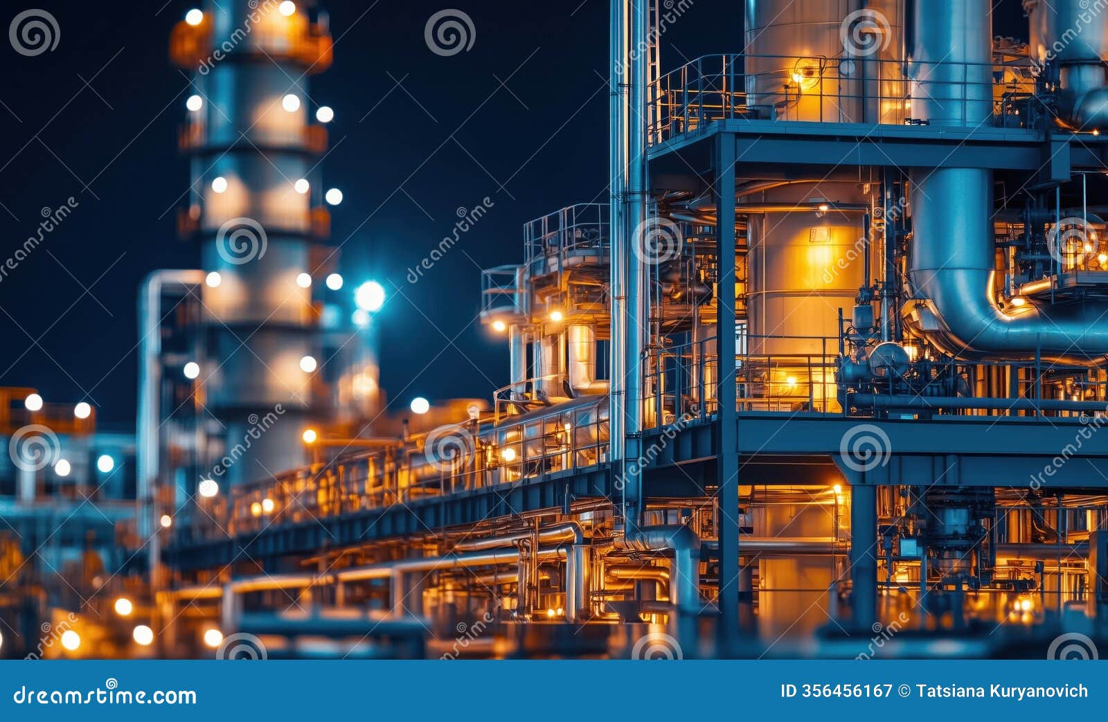 Industrial Refinery at Night, Illuminated Pipes and Structures ...