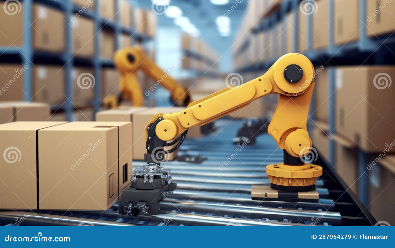 Industrial Robot Arm Grabbing the Cardboard Box Roller Stock Image ...