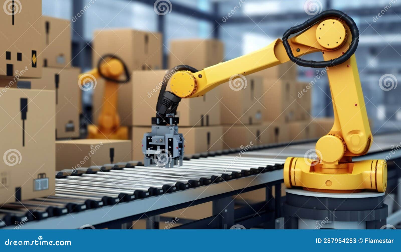 Industrial Robot Arm Grabbing the Cardboard Box Roller Stock ...