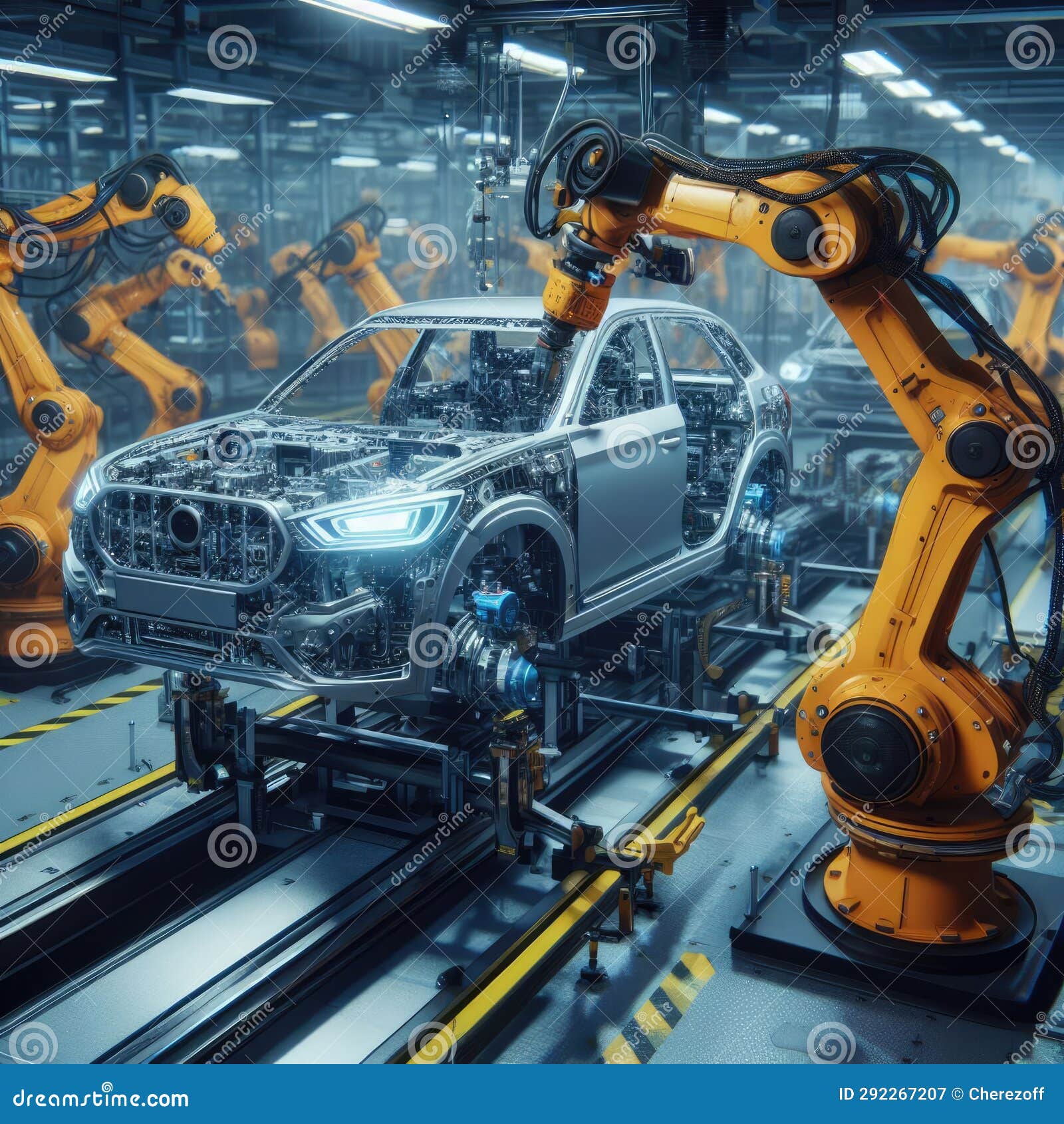 An Industrial Robot Assembles a Car Stock Image - Image of robotic ...