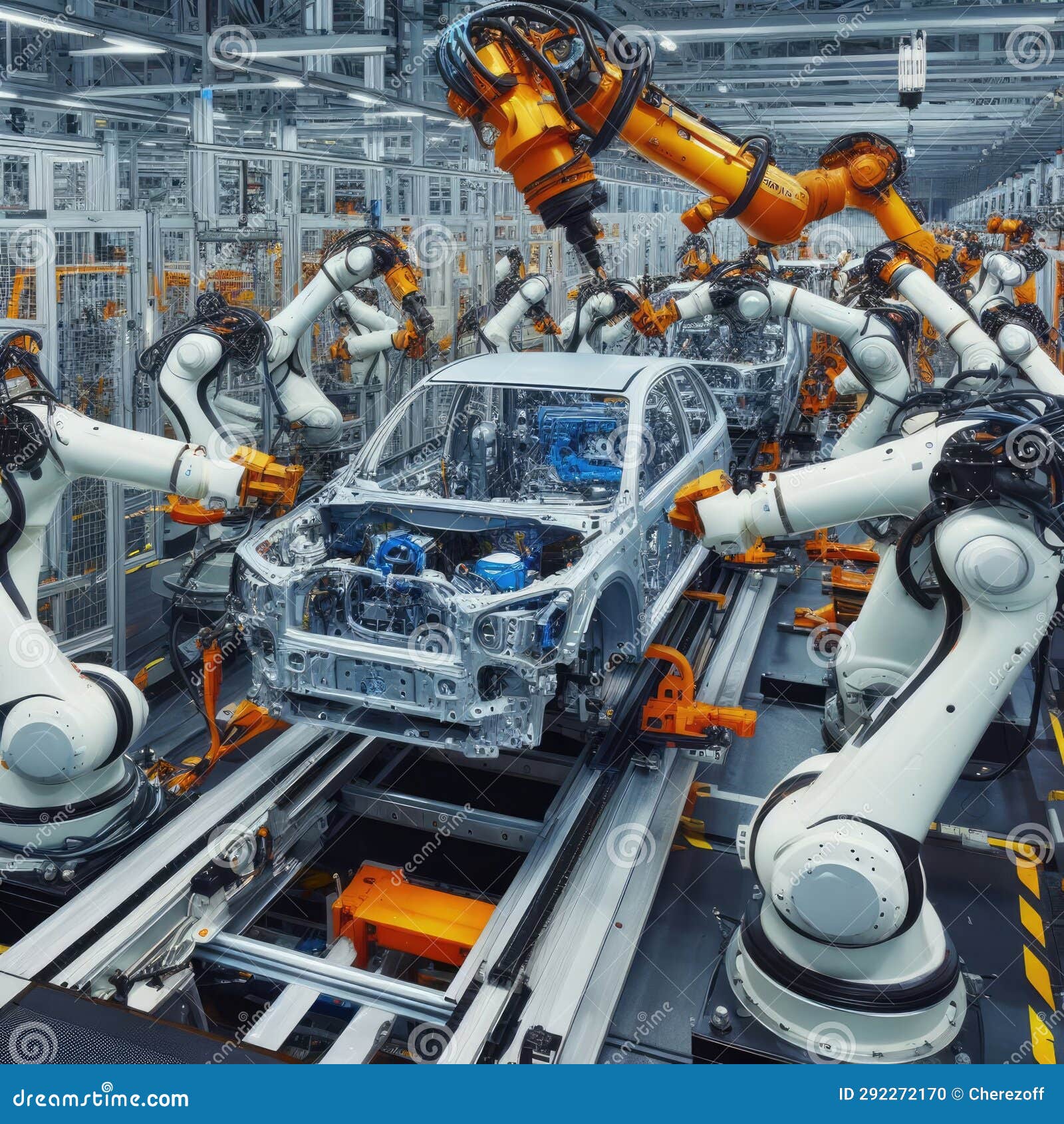 An Industrial Robot Assembles a Car Stock Photo - Image of electric ...