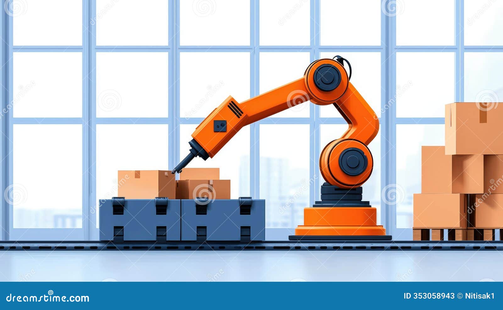 Industrial Robot Packaging Boxes in a Warehouse Stock Illustration ...