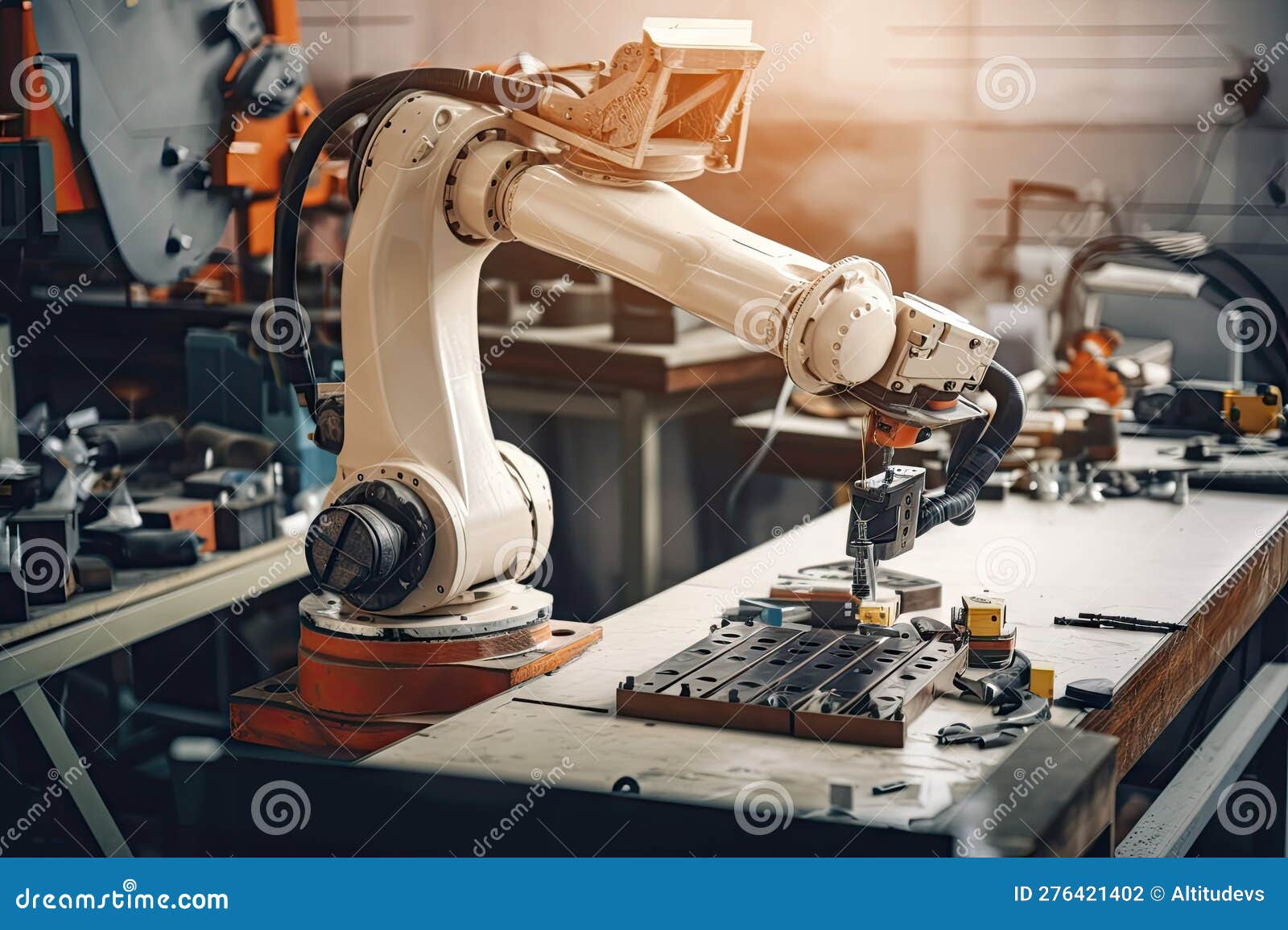 Industrial Robot on Workbench with Tools and Parts for Repair Stock ...