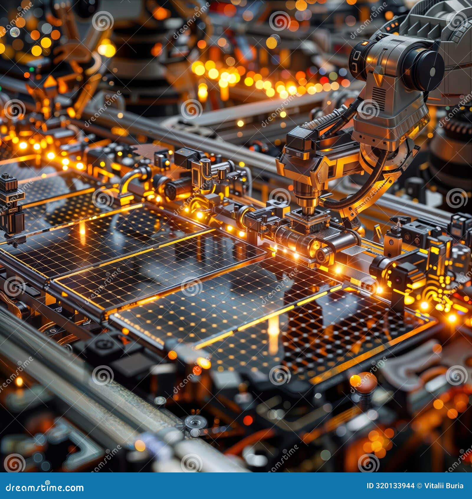 Robotic Arm Assembling Solar Panels, Glowing Connections, Technology ...