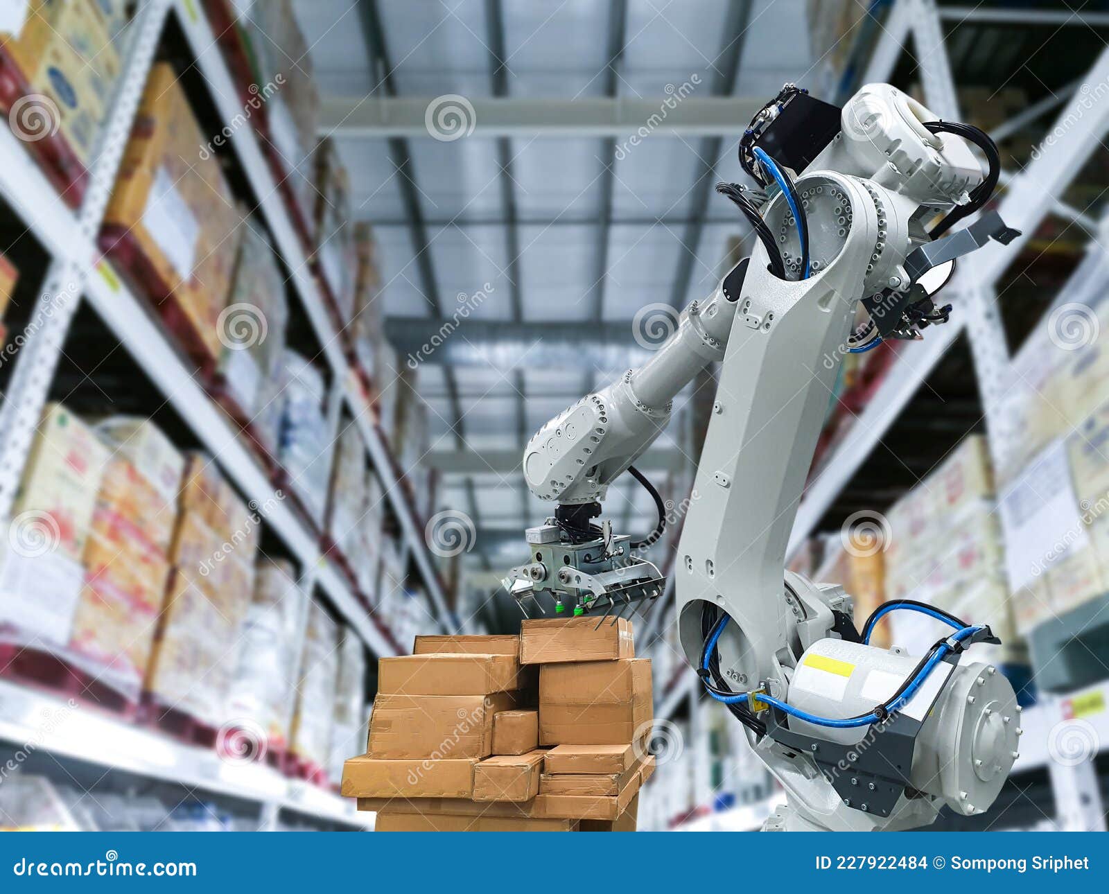 Industrial Robotic Arm Loading Carton for Holding Package Stock Photo ...