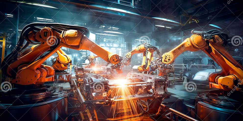 Industrial Robots Assembling and Welding Components on a Production ...