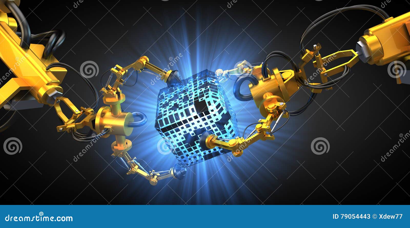 Industrial Robots with Blue Cube Stock Illustration - Illustration of ...