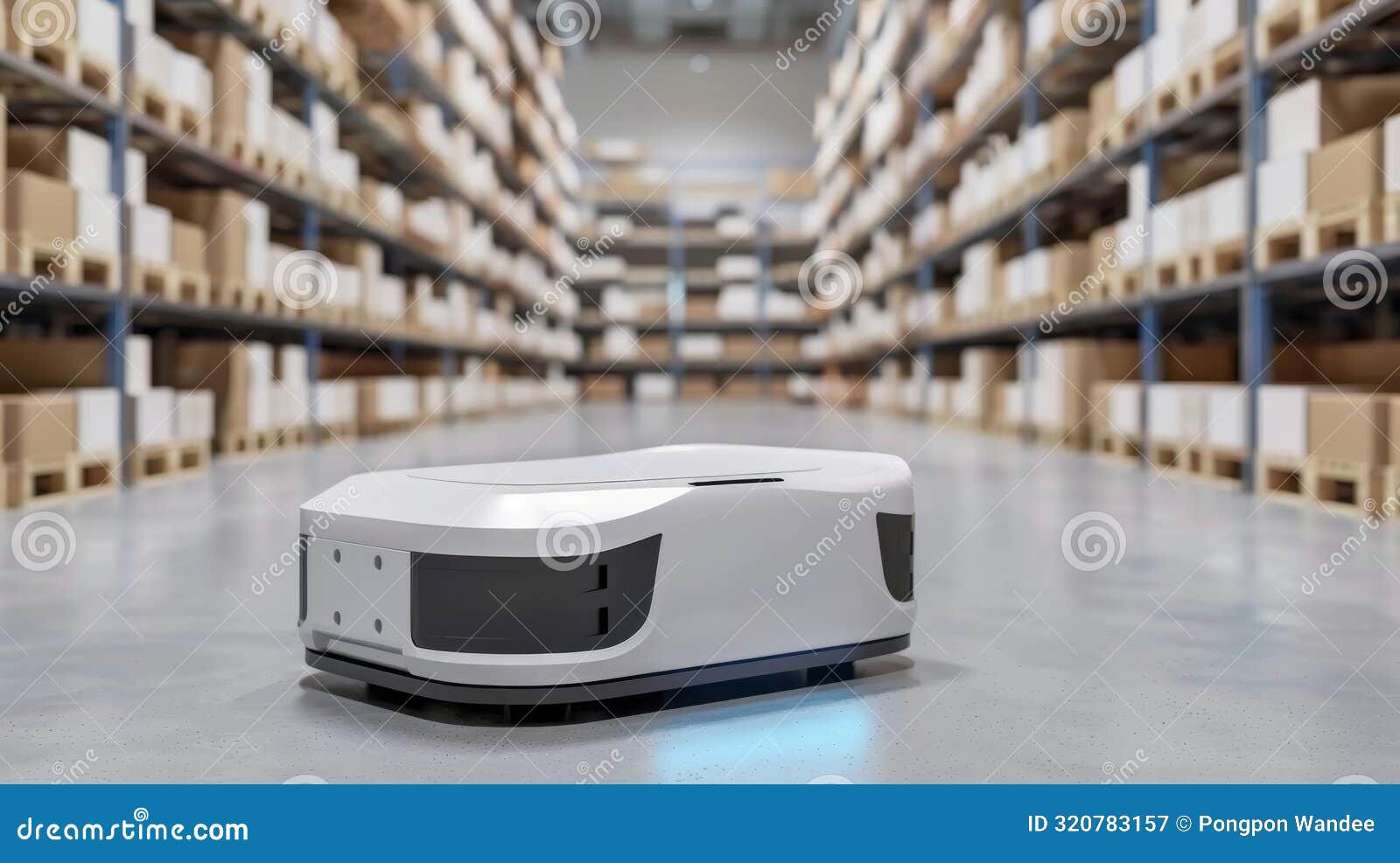 Industrial Robots Driving Through A Warehouse With Tall Shelves Royalty ...