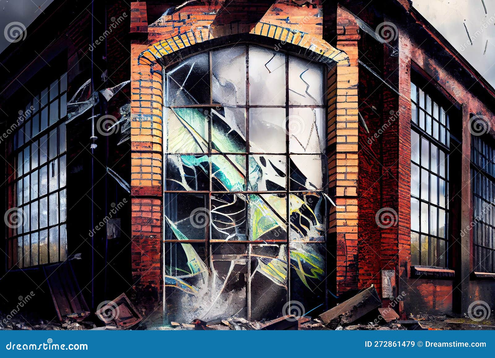 Industrial Ruin with Graffiti, Broken Windows and Shattered Glass Stock ...