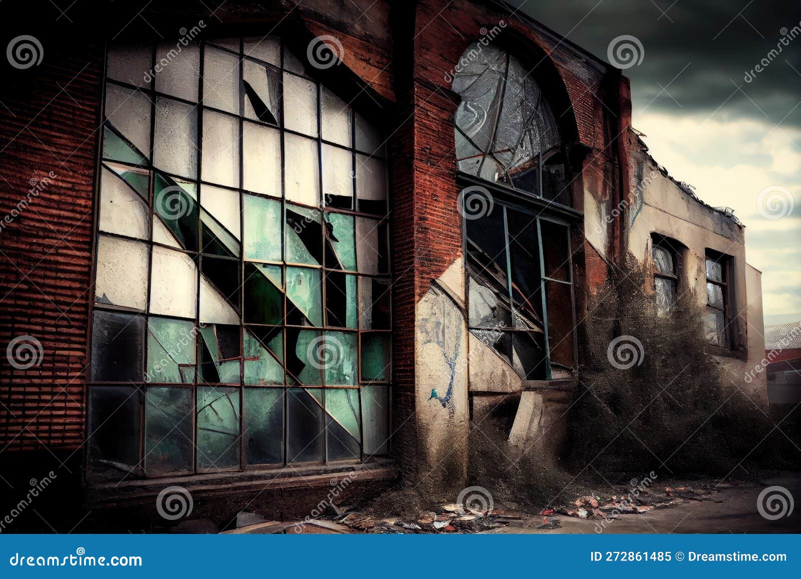 Industrial Ruin with Graffiti, Broken Windows and Shattered Glass Stock ...