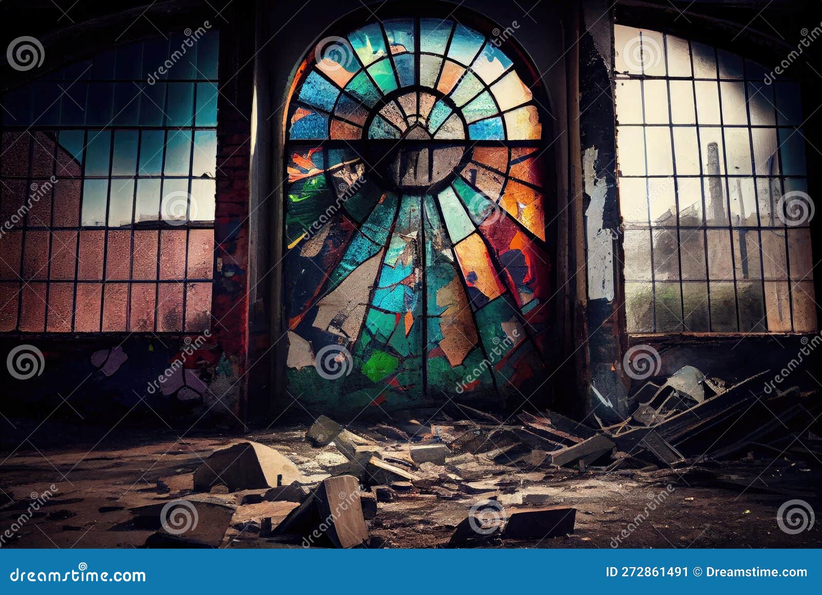 Industrial Ruin with Graffiti, Broken Windows and Shattered Glass Stock ...