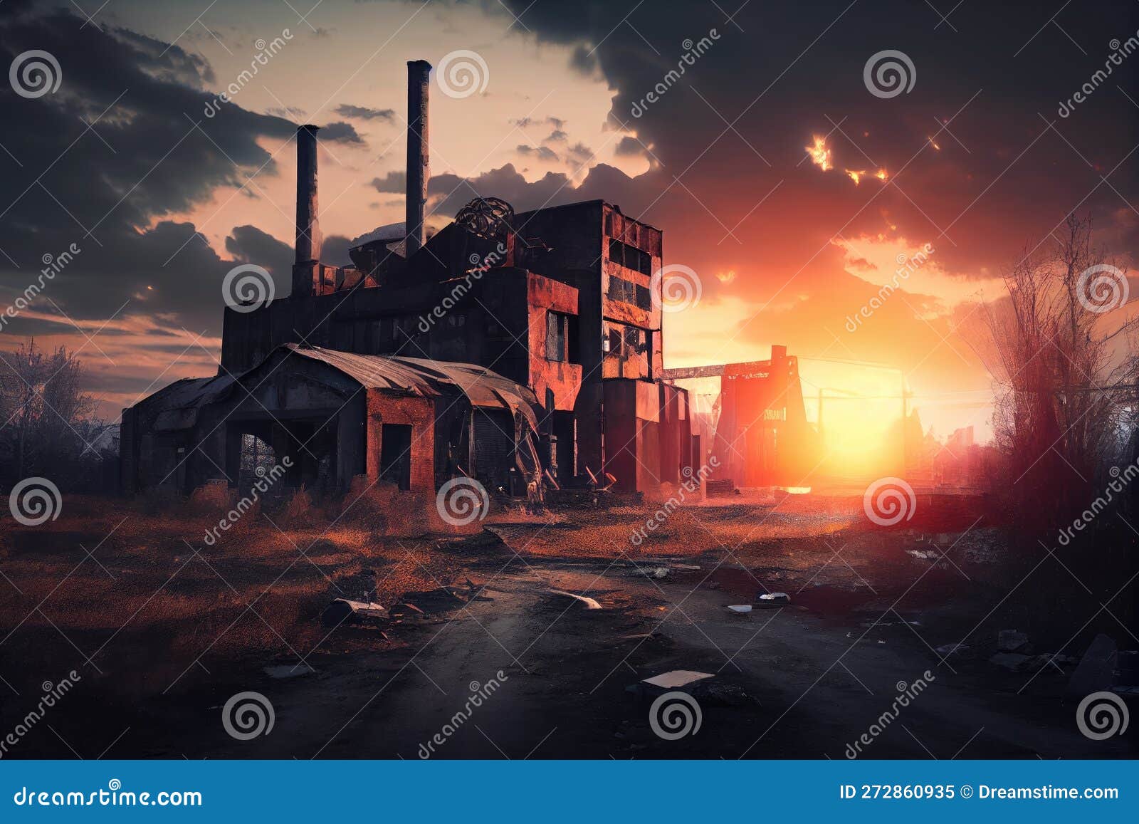 Industrial Ruin with Sun Setting in the Background, Creating Dramatic ...