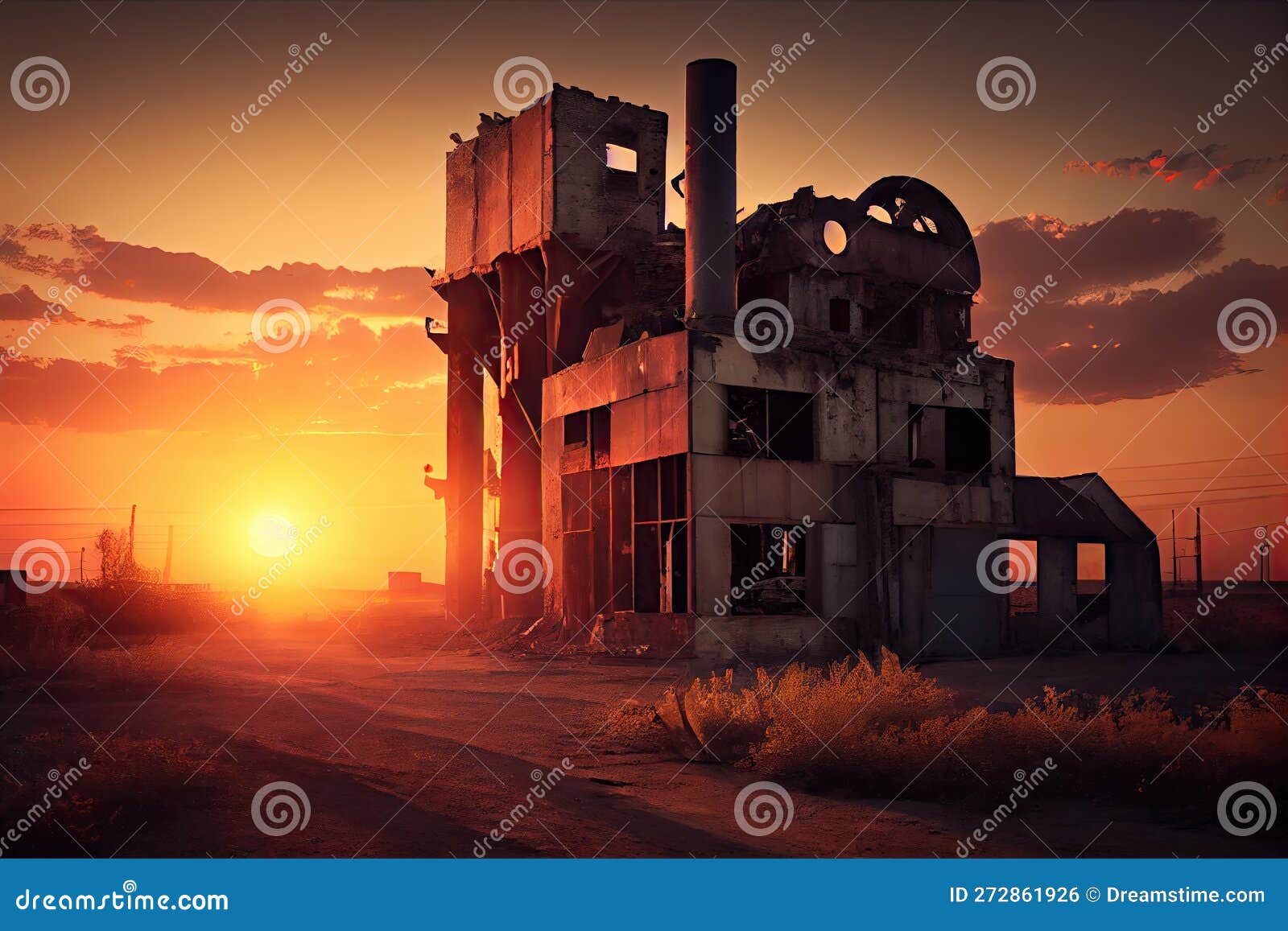 Industrial Ruin, with Sun Setting Behind it, Casting Warm Light on the ...