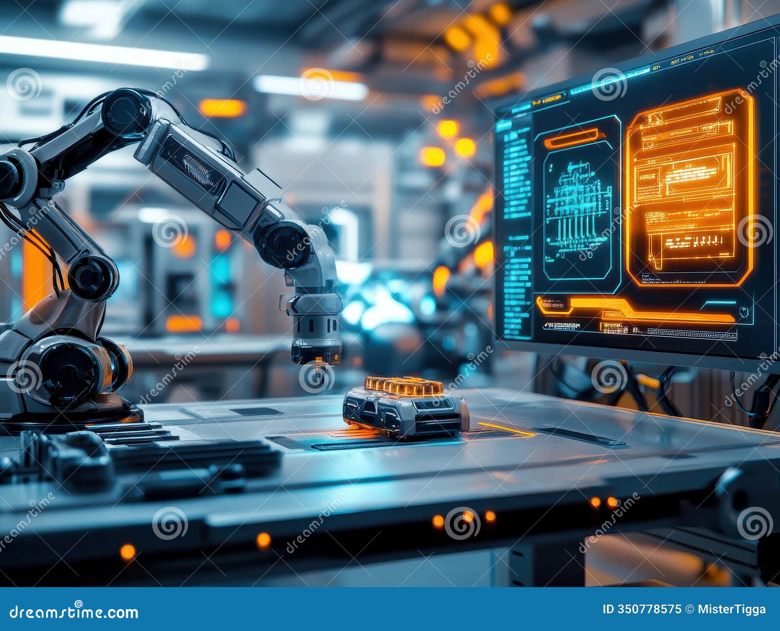 Industrial Scene with a Robotic Arm Over a Workbench Background Has ...