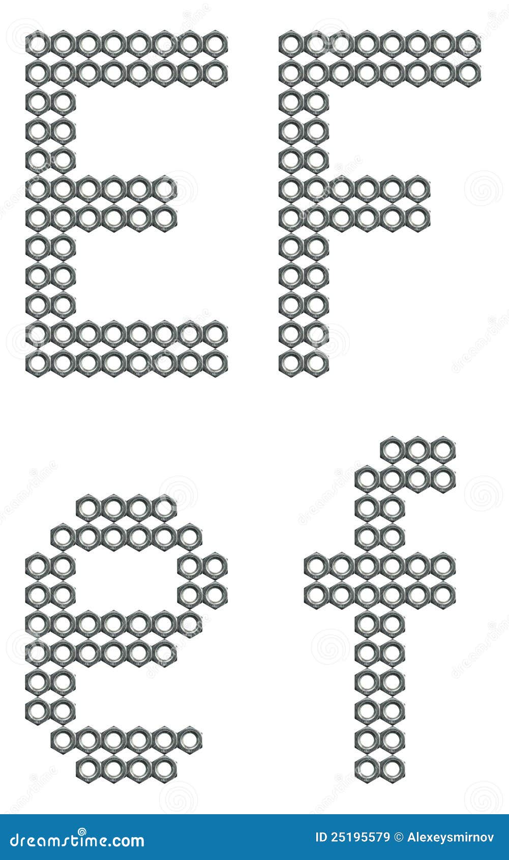 Industrial Nuts Font, Letters E and F Stock Image - Image of metallic ...