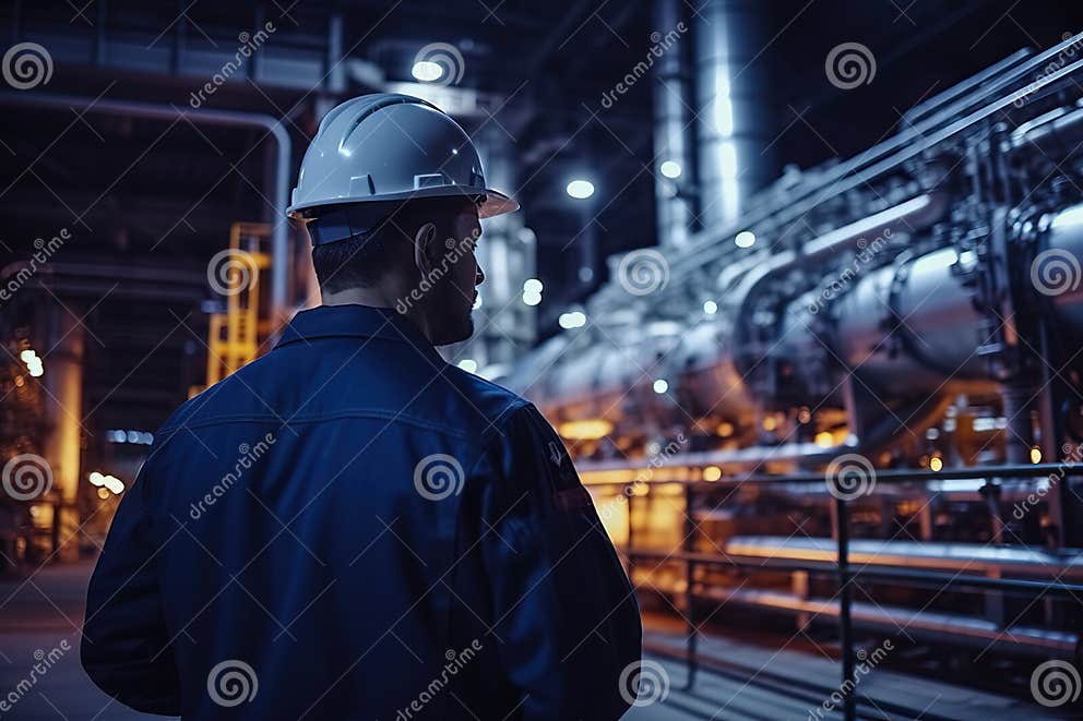 Diligent Engineer in Full Uniform Expertly Inspecting a Massive Industrial Engine in a Factory ...