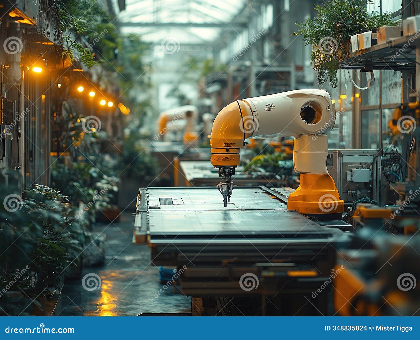 Industrial Setting with Robotic Arms, Yellow and White Colored Robot at ...