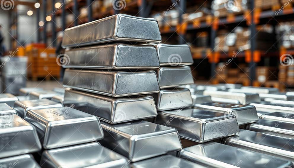 Stacks of Silver Ingots in Industrial Warehouse, Generative Ai Stock ...