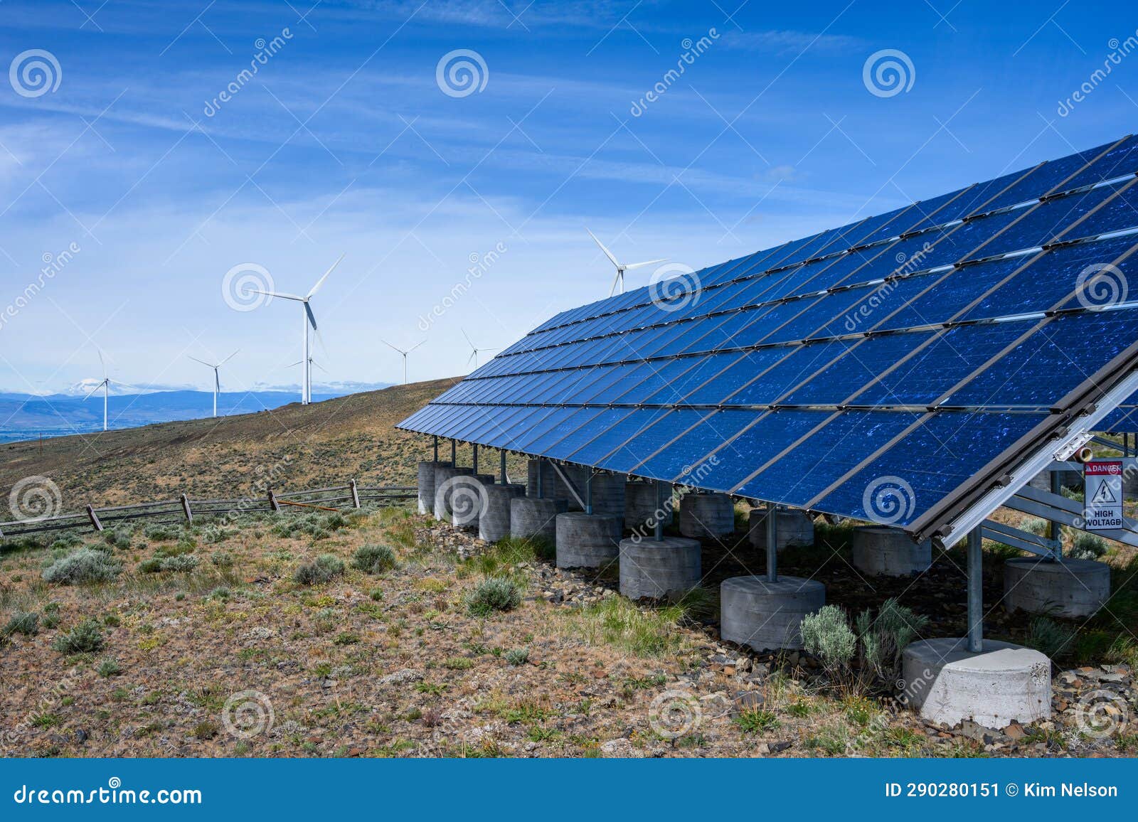 Industrial Solar Panel Array with Wind Turbines in the Background Stock ...