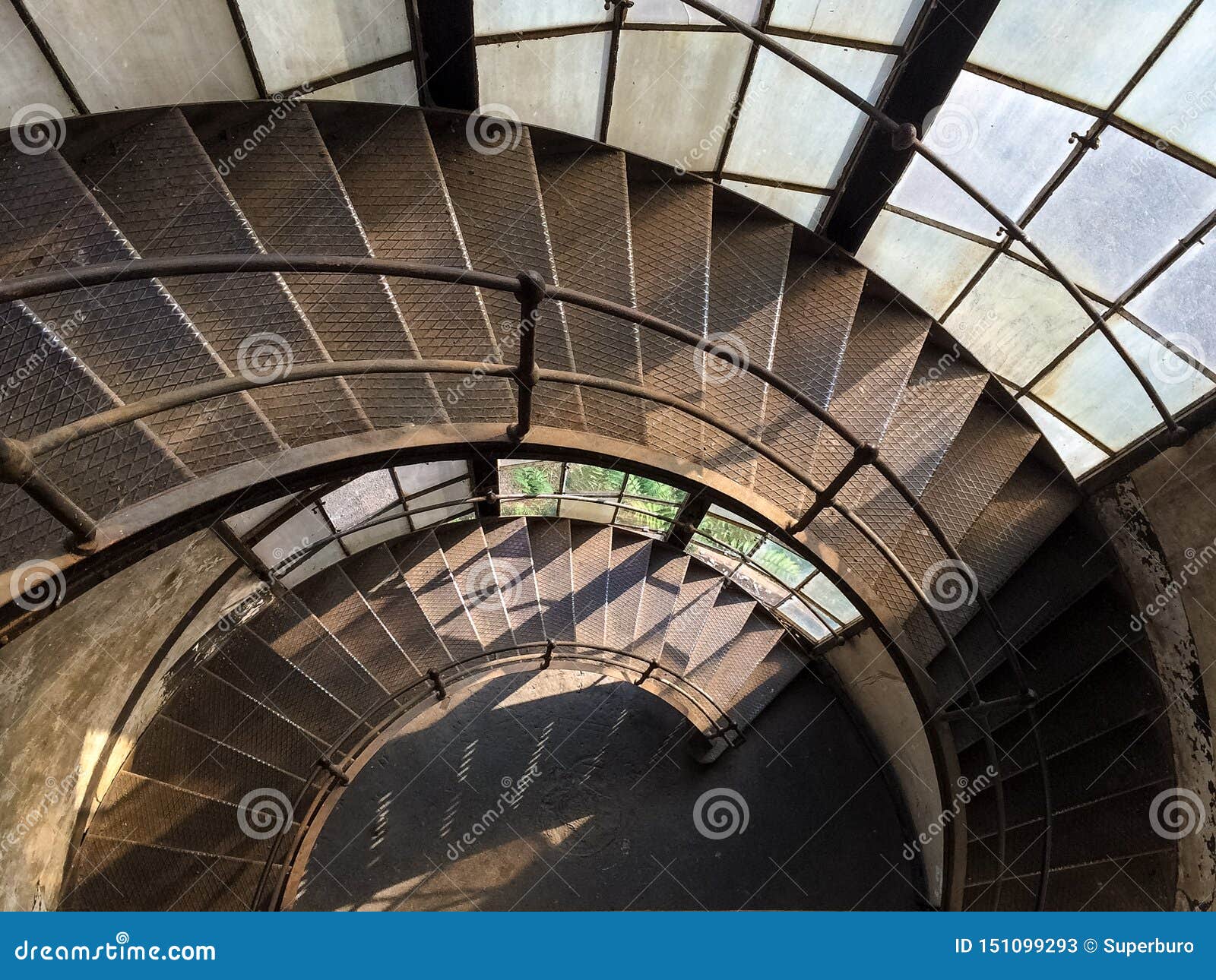 Industrial Spiral Staircase and Glass Windows Stock Image - Image of ...