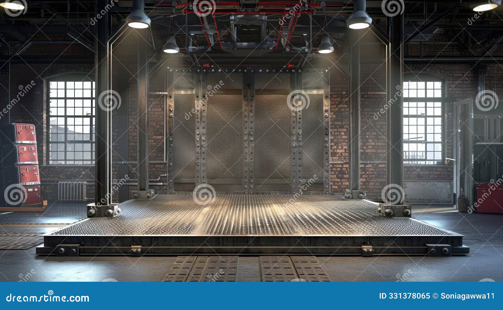 Industrial Stage with Metal Flooring and Overhead Lighting in Warehouse ...