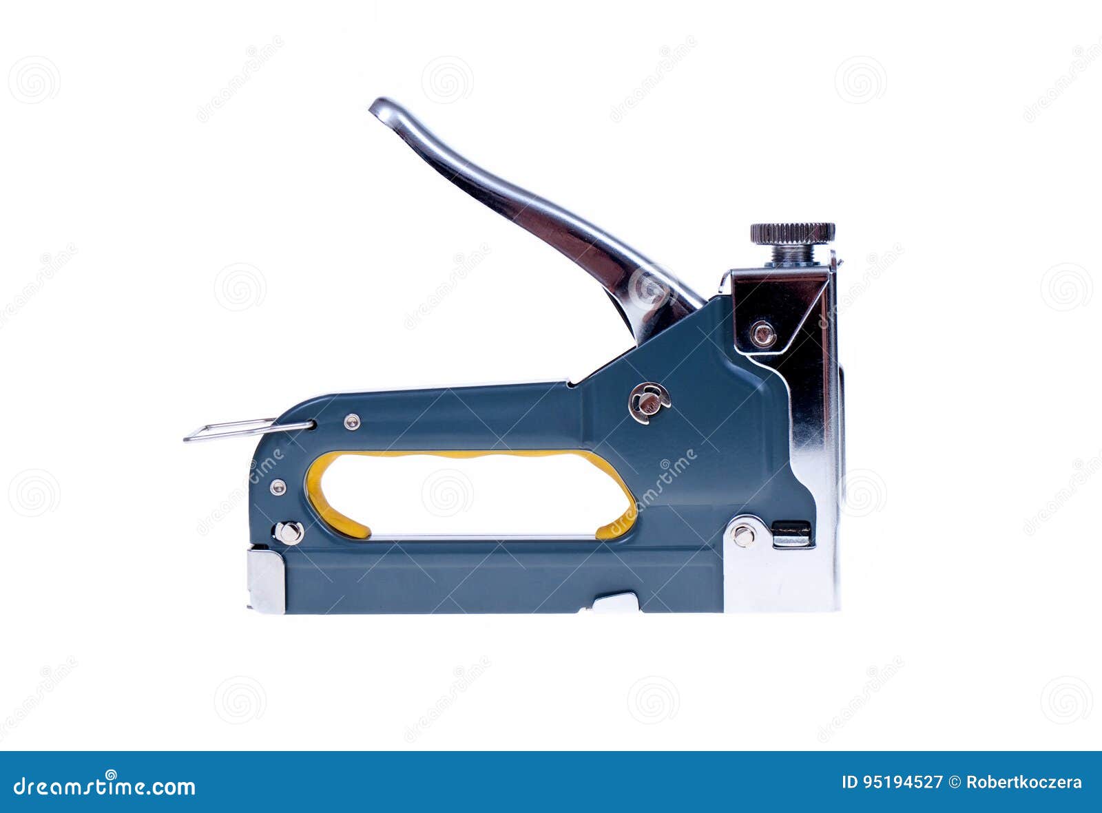 Industrial Stapler In A Man`s Hand. The Man Holds The Stapler And Holds ...