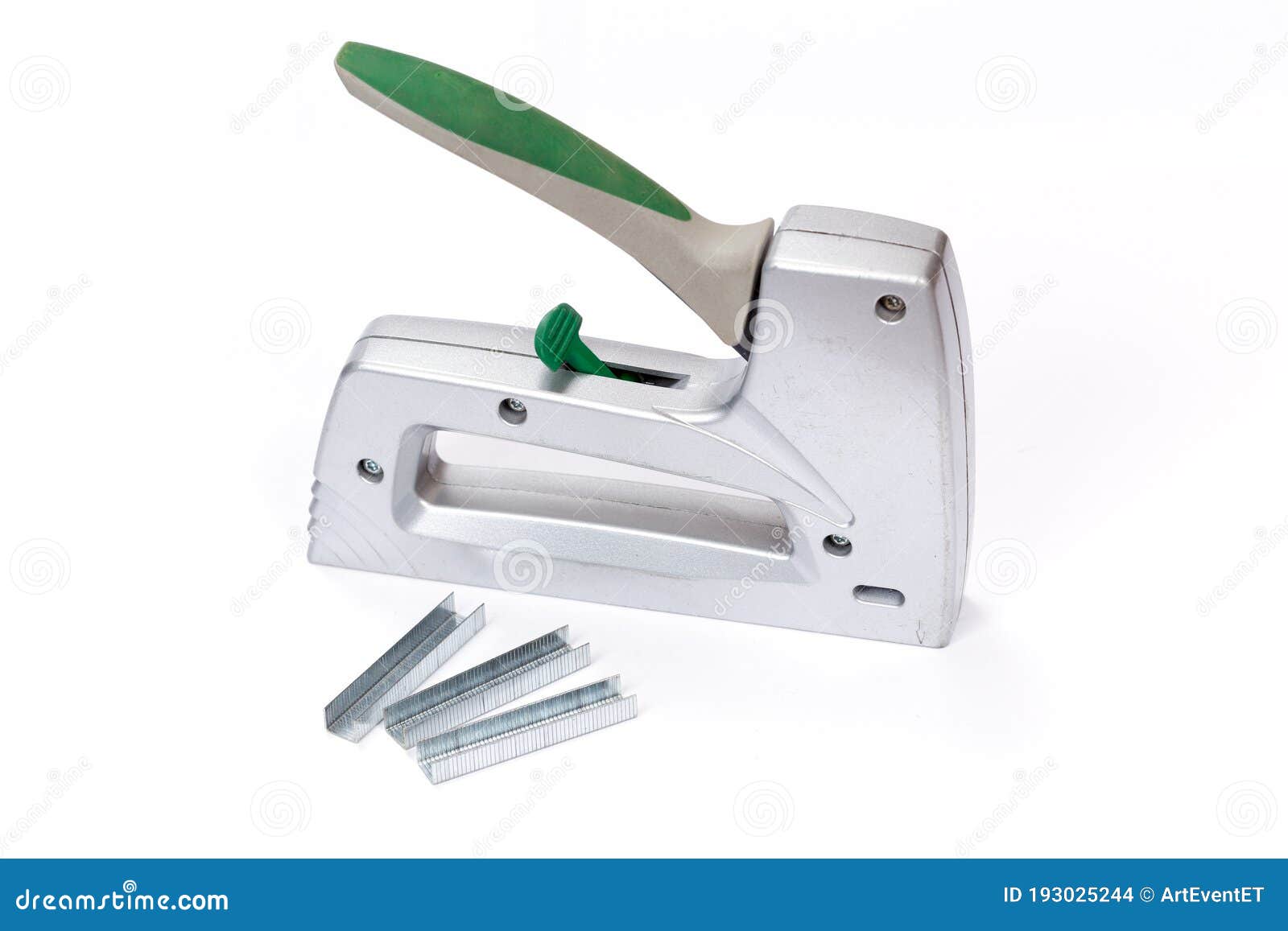 Industrial Stapler In A Man`s Hand. The Man Holds The Stapler And Holds ...