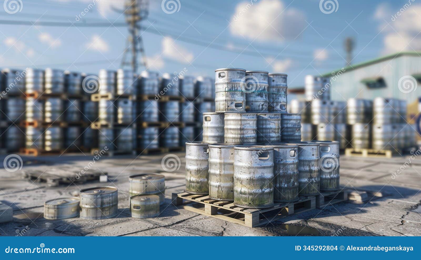 Industrial Storage Facility with Metal Drums Stacked on Pallets Stock ...