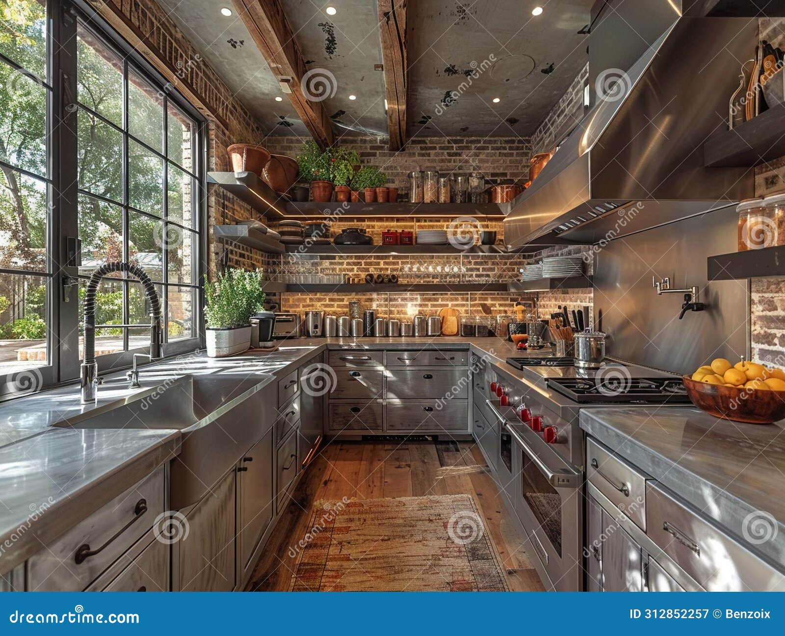 Industrial Style Kitchen with Stainless Steel Countertops and Open ...